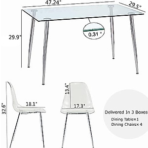 Ufurpie 5 Piece Glass Dining Table Set,47" Kitchen Table and Chairs for 4,Clear Dining Room Table Sets w/Silver Chrome Legs,Modern Dining Room Sets for Home, Kitchen, Dining Room(Silver)