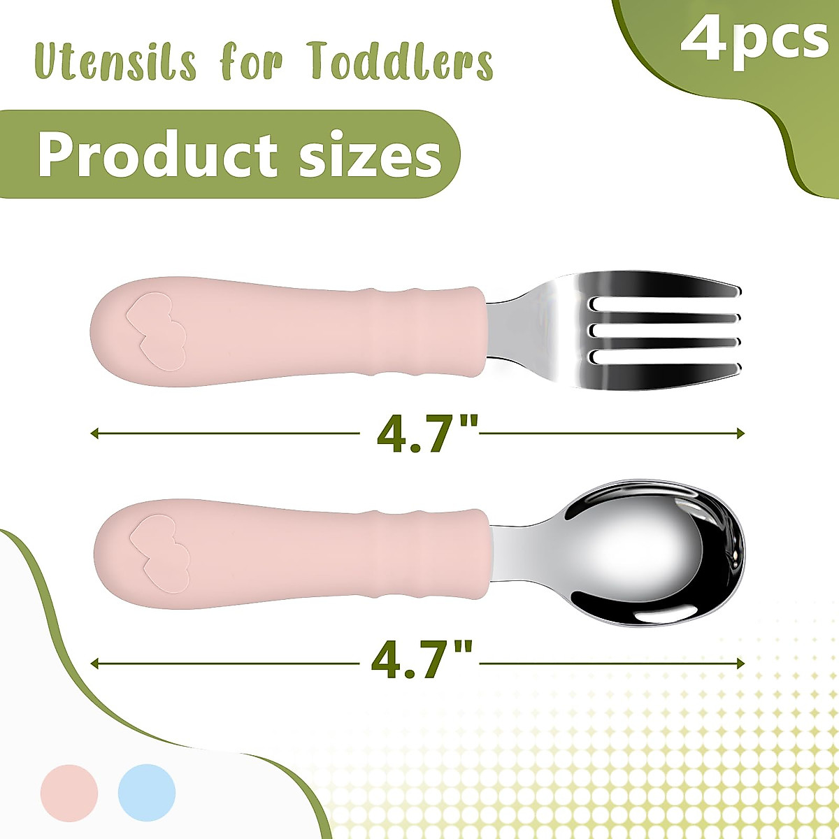 HAKSEN Baby Forks and Spoons Set, 4 PCS Child and Toddler Safe Flatware, Perfect Length for Baby Spoons Self Feeding, Stainless Steel Cutlery with Silicone Handle