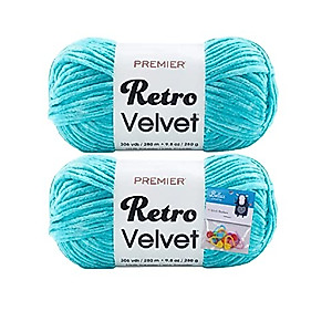 Premier Yarns Retro Velvet Yarn - Big Ball 9.8 Oz - 2 Pack Bundle with Bella's Crafts Stitch Markers (Aqua)