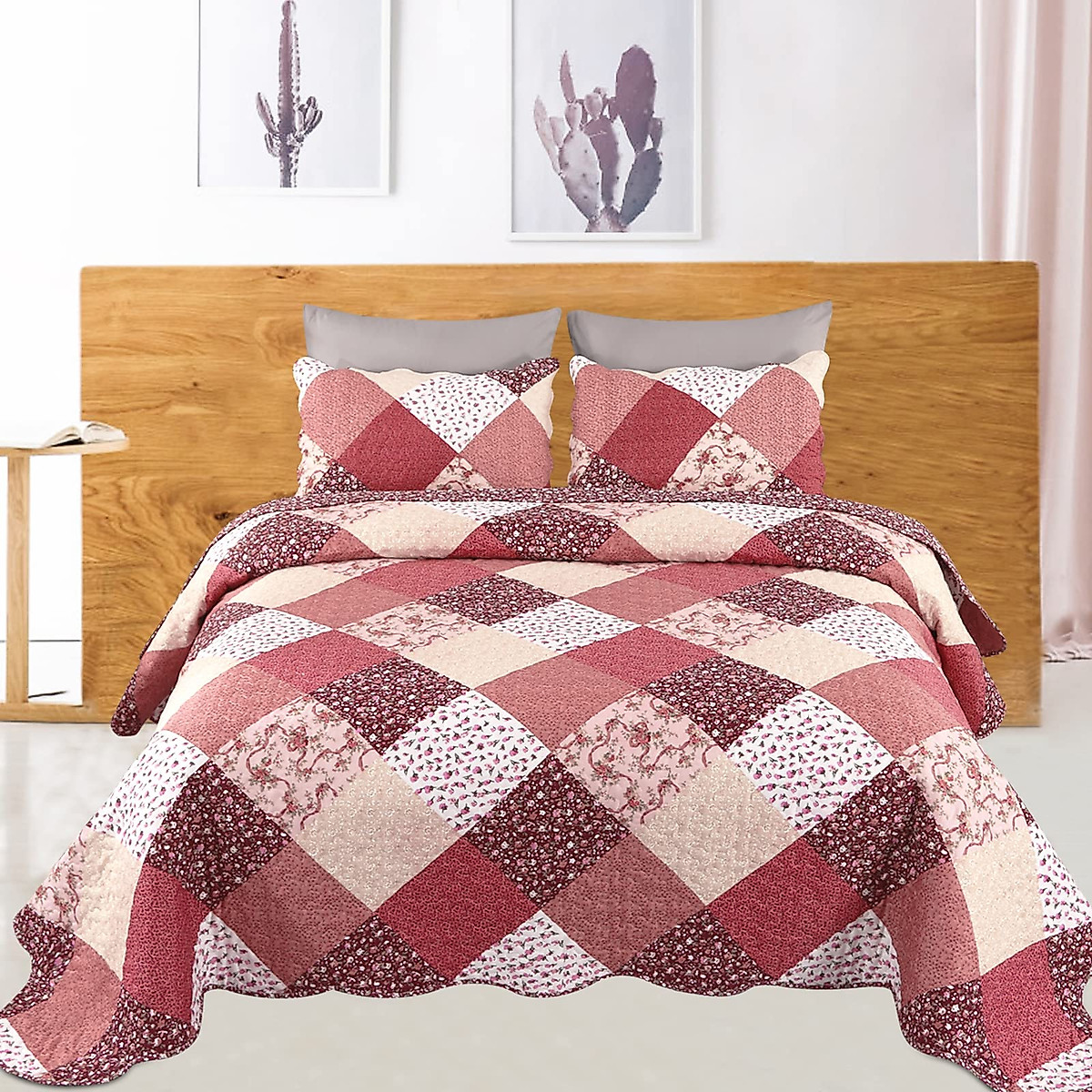 Qucover Twin Quilt Set, 3 Piece Multicolour Floral Patchwork Print Bedspread Twin Size, Soft Microfiber Lightweight Twin Quilt Bedding Set with 2 Pillow Sham, Twin XL Quilts, 68"x86"