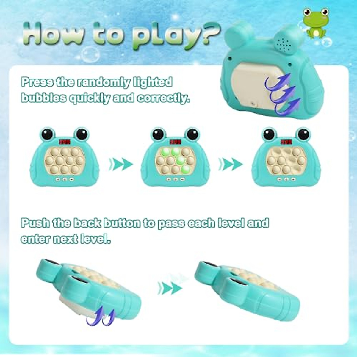 olloiig Pop Fidget Kids It Games Toy,Fast Push Bubble Game Console with LED Screen for Kids 8-12,Handheld Quick Push Game,Autism Sensory Toys,Birthdayxmas Gifts for Boys,Girls,Adults (Frog Blue)