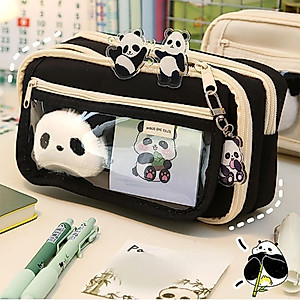 Ecqizer 10Pcs Cute Panda Pencil Case Large Capacity for Adults Aesthetic Pencil Case Kawaii Pencil Pouch Cute With Zipper Preppy Pen Bag With Gel Ink Pens, Clips, Stickers, Pin (Black)