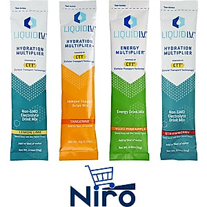 Niro Hydration Multiplier Liquid IV | 16 Pack | 4 Strawberry, 4 Lemon Lime, 4 Tangerine, and 4 Yuzu Pineapple Assortment