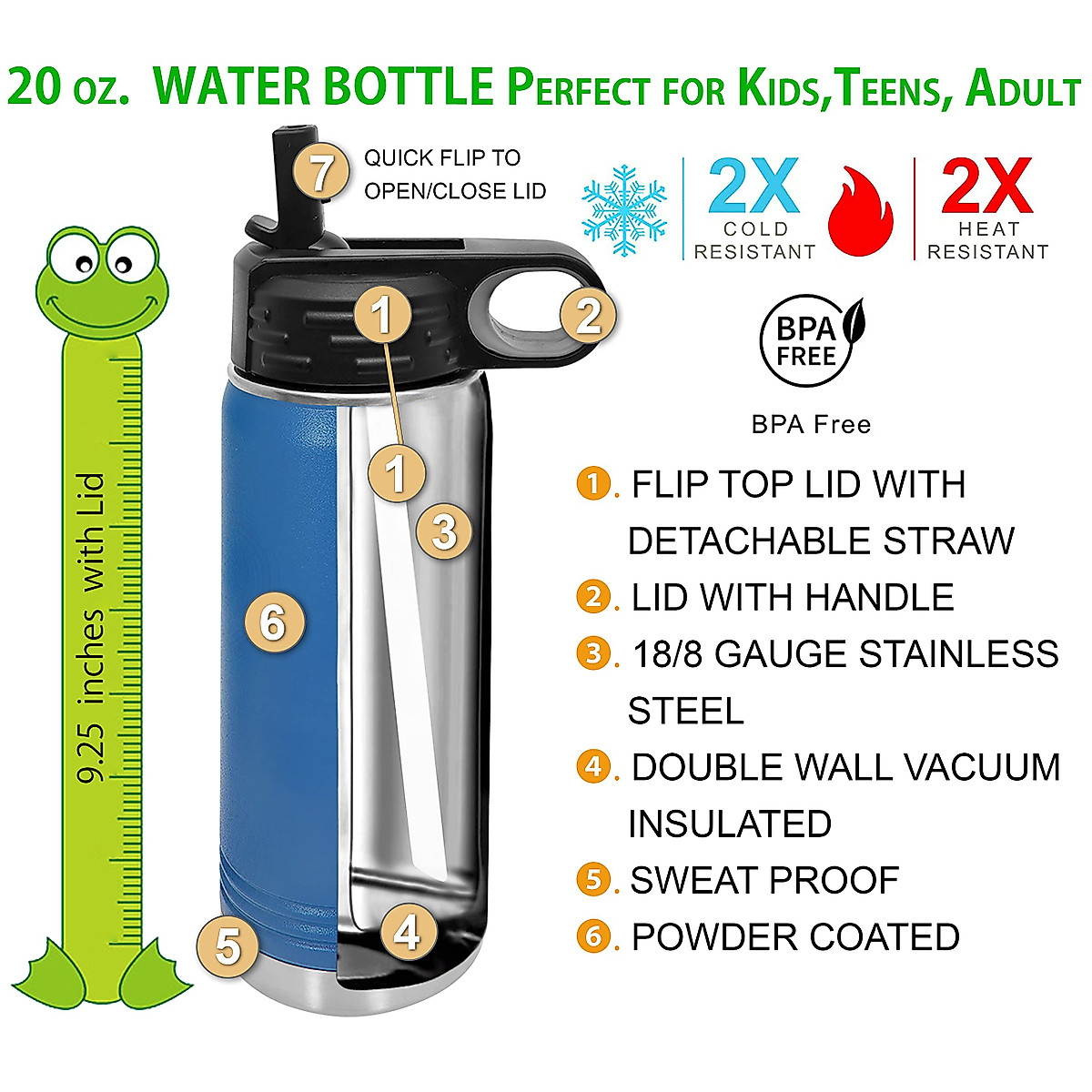 Polar Camel Water Bottle 20oz with Flip-Top Lid and Straw, Vacuum Insulated Flask, Stainless Steel Sports Double Wall Thermos Boys Girls Water Bottle (Royal Blue, 20 oz)