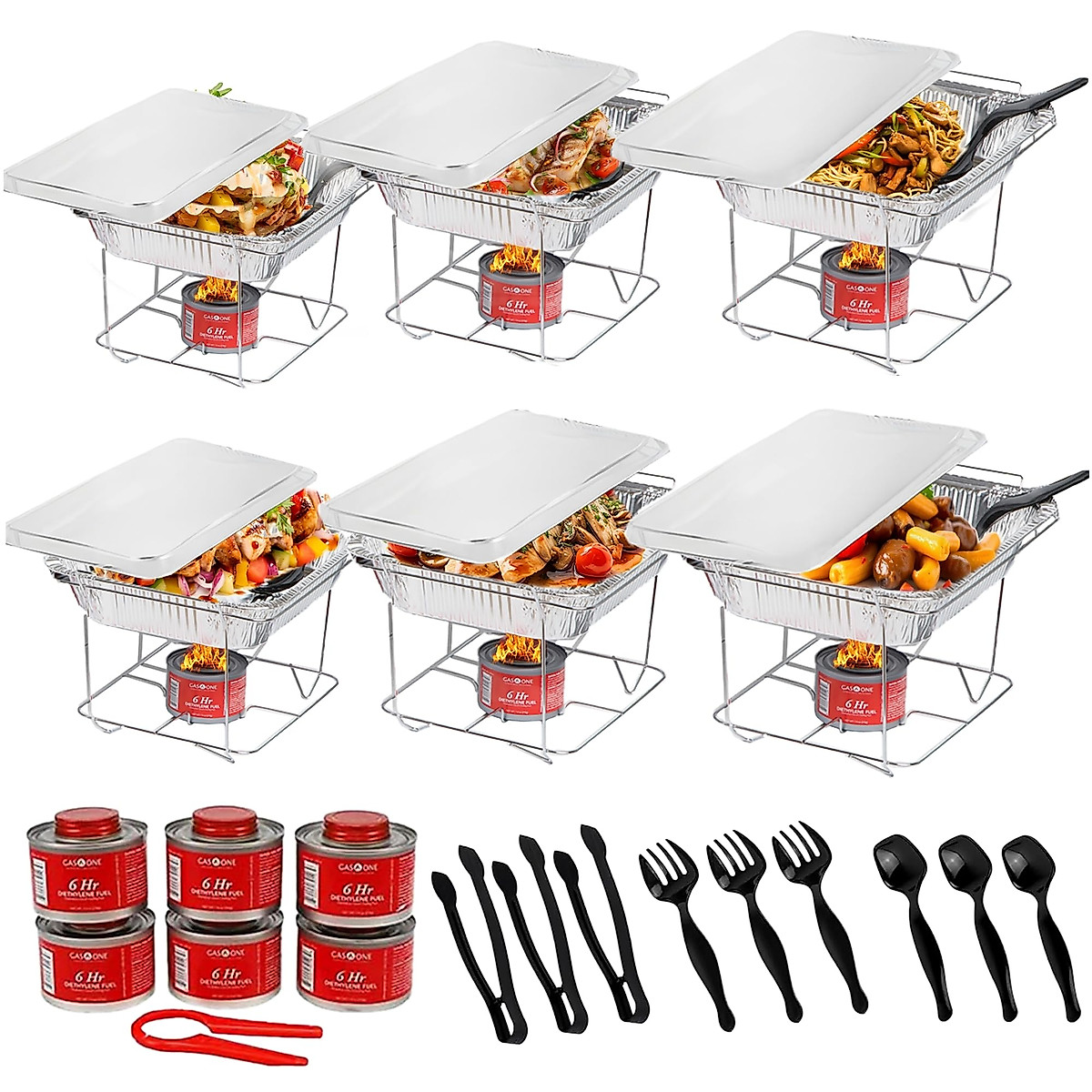 Alpha Living 6 Pack - Disposable Chafing Dish Buffet Set, Welded Body Food Warmers for Parties, 6hr Fuel Cans Complete Set, Half Size Pans, Warming Trays
