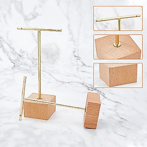 FINGERINSPIRE 3 Pcs Gold Metal T Bar Earring Display Stand 6.3/5.5/4.5 Inch Height Jewelry Stand with Wooden Square Base Earring Hanging Holders Jewelry Organizer for Store Retail Photography Props