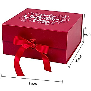 WRAPAHOLIC 1 Pcs 8x8x4 Inches Red Happy Valentine's Day Gift Box with Satin Ribbon, Collapsible Gift Box with Magnetic Closure and 2 Pcs White Tissue Paper, Perfect for Valentine's Day Gift Wrap