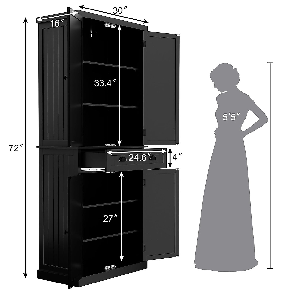 ARTPOWER Kitchen Pantry Storage Cabinet with Drawer and Adjustable Shelves, Pantry Cabinet for Kitchen, Bathroom or Hallway, Black