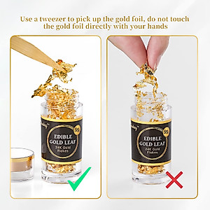 Cobakey Genuine Edible Gold Leaf Flakes - 50mg Edible Gold Flakes for Cake Decoration (Cupcake, Chocolate, Steak, Drink & Cooking), Gold Leaf with Edible Glitter & Wooden Tweezers