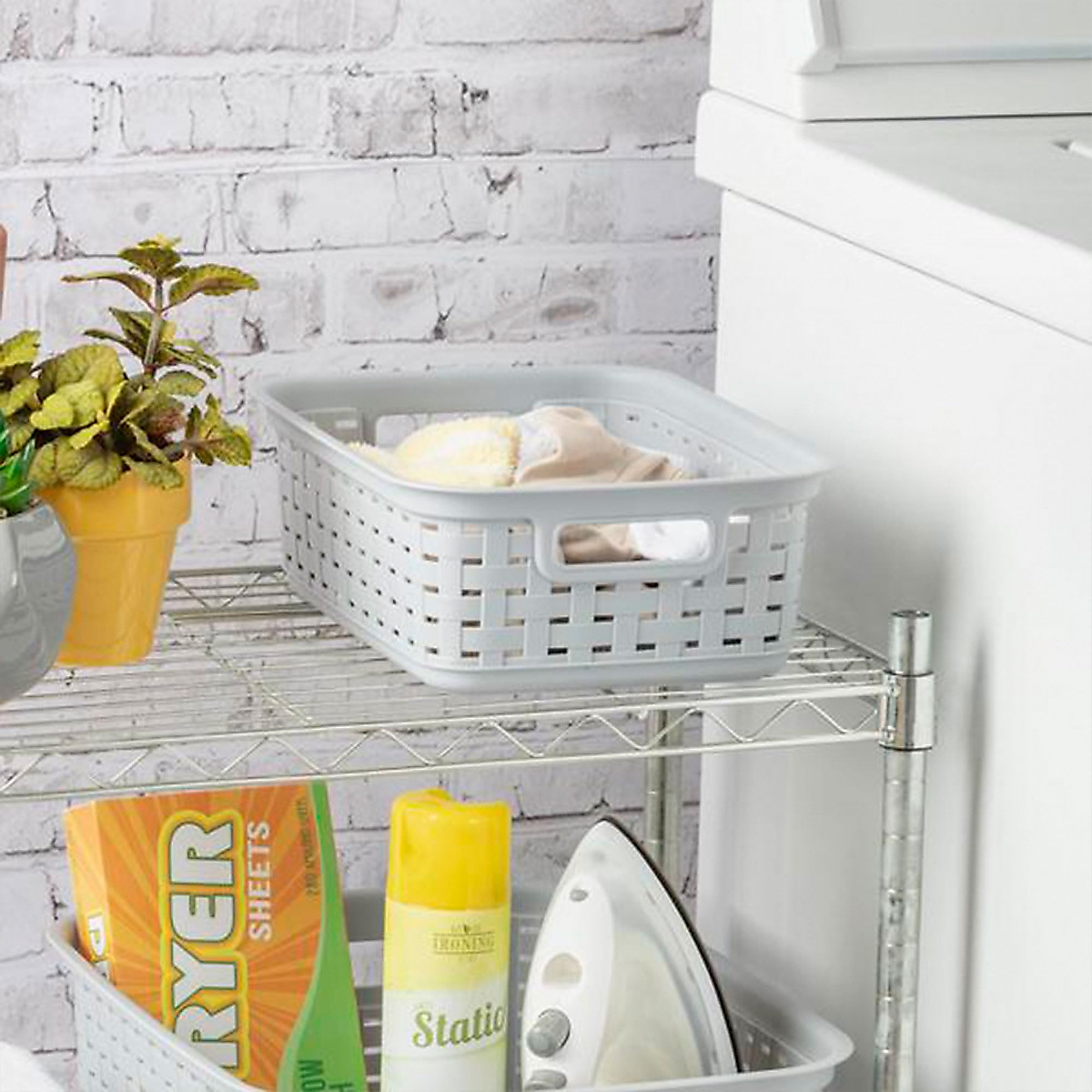 Sterilite 11 Inch Small Weave Open Bin Wicker Storage Basket Home Organizer Tote for Countertops, Bookshelves, and Closets, Cement, 8-Pack