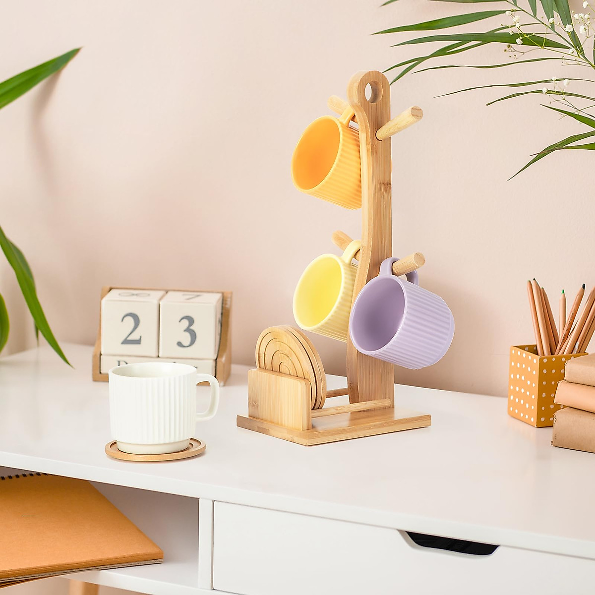 E-ROOM TREND Bamboo Mug Holder with Coasters 4 Pcs, Coffee Mug Tree for Large Mugs with 4 Hooks Stand for Countertop Coffee Bar Accessories Decor Coffee Organizer Station(MHC400)