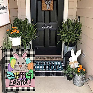 PANDICORN Happy Easter Garden Flag 12x18 Inch Double Sided, Black Buffalo Plaid Check Spring Easter Bunny Eggs Decorations, Small Vertical Welcome Holiday Decor for Outdoor Yard Garden