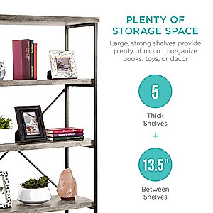 Best Choice Products 5-Tier Rustic Industrial Bookshelf Display Décor Accent for Living Room, Bedroom, Office w/Metal Frame, Wood Shelves - Gray