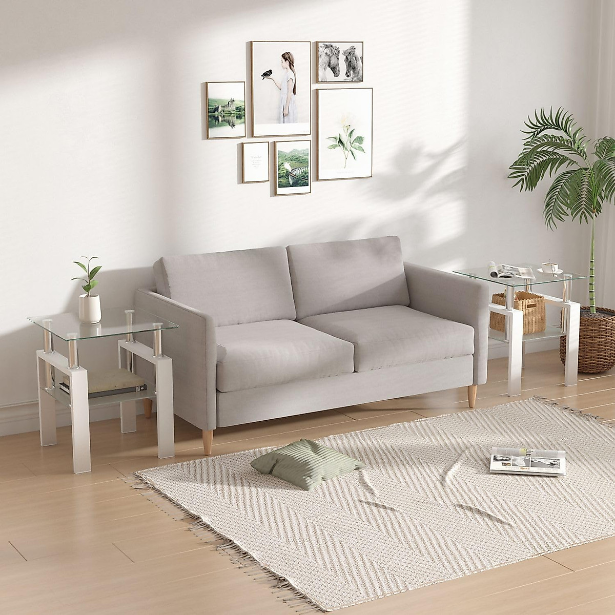 Modern Tempered Glass Coffee Table End Table, Square Glass Side Table for Living Room, Minimalist Design for Small Spaces, Glass End Table Set for Living Room, Bedroom (White, Set of 2)