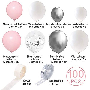 Silver Pink Balloons Garland Kit, 100pcs White and Silver Confetti Metallic Latex Balloons Arch with 16ft Tape Strip & Dot Glue for Girl Baby Shower, Birthday Party, Wedding, Anniversary Decorations