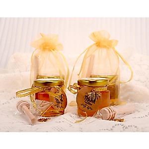 Ahhute 20 Pack Mini Glass Honey Jars with Dipper - Perfect for Baby Showers and Wedding Favors - Gold Lid, Bee Pendants, Ribbons - Includes Gift Bags