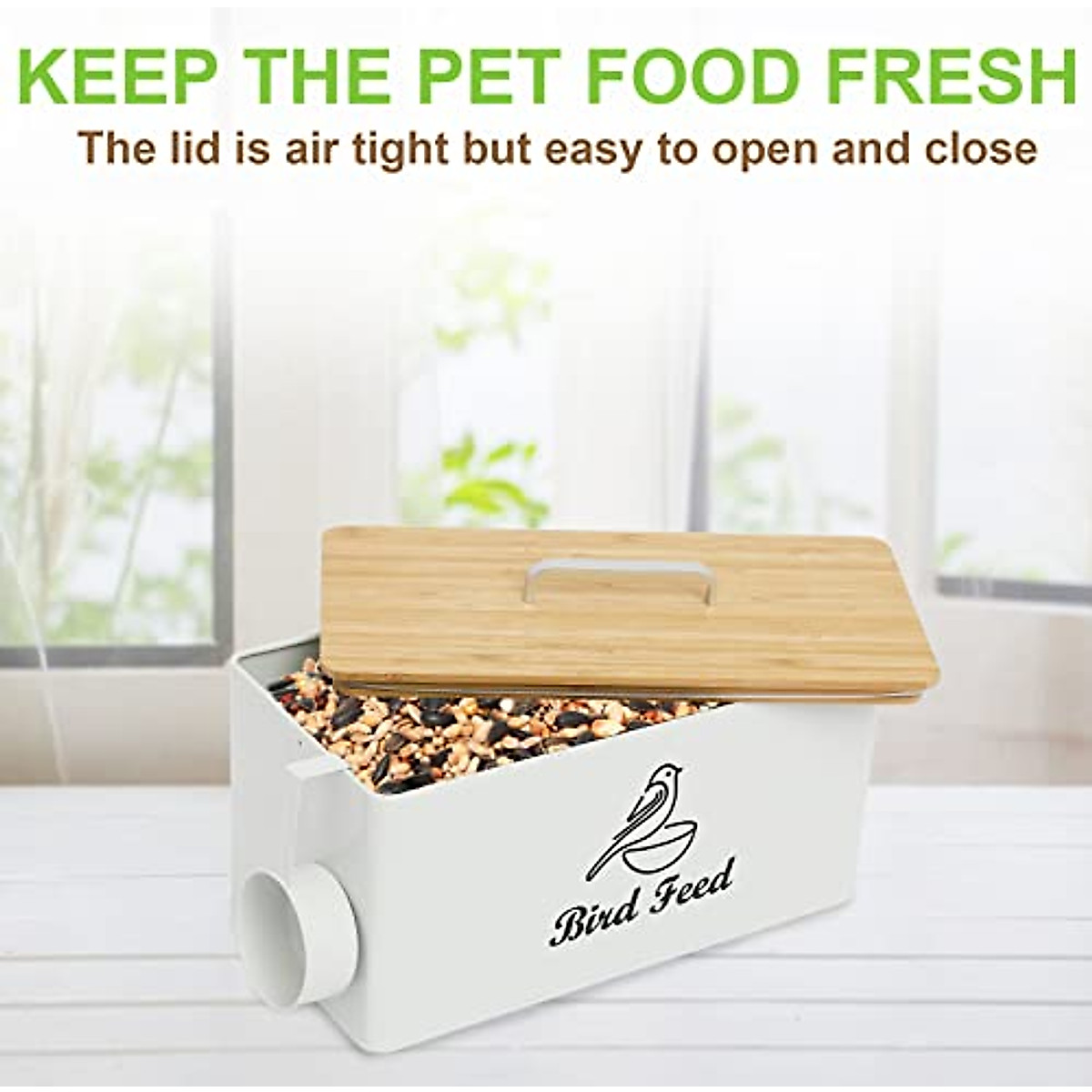 Brabtod Bird Seed Storage Container-Rectangular Pet Food Tin-with Bird Seed Scoop,Metal Airtight Bird Food Feeder with Wooden Lid, Ideal Store Sunflower Seed Wild Birdseed-White