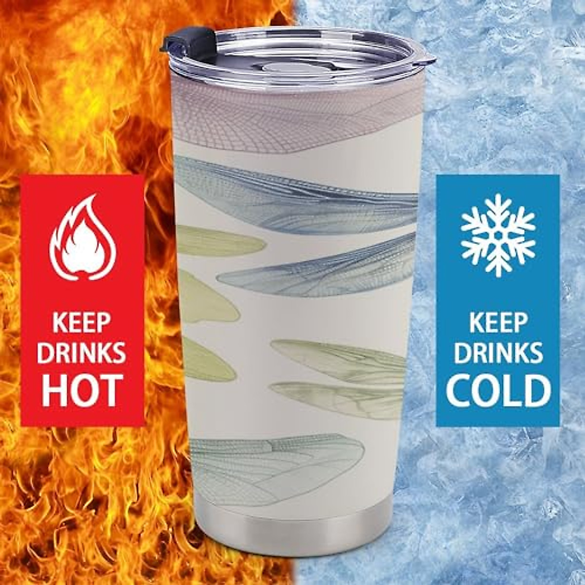 FHENMSA Reusable Plastic Water Cups with Lids,Dragonfly Drawing Print Anti-overflow Cup,sports Travel Coffee Cup