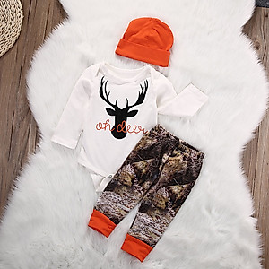 Shejingb Newborn Baby Boys Long Sleeve Letters Deer Romper Bodysuit Tops Camo Pants with Hat 3 Pcs Outfit Clothes Set (0-3 Months, Orange)