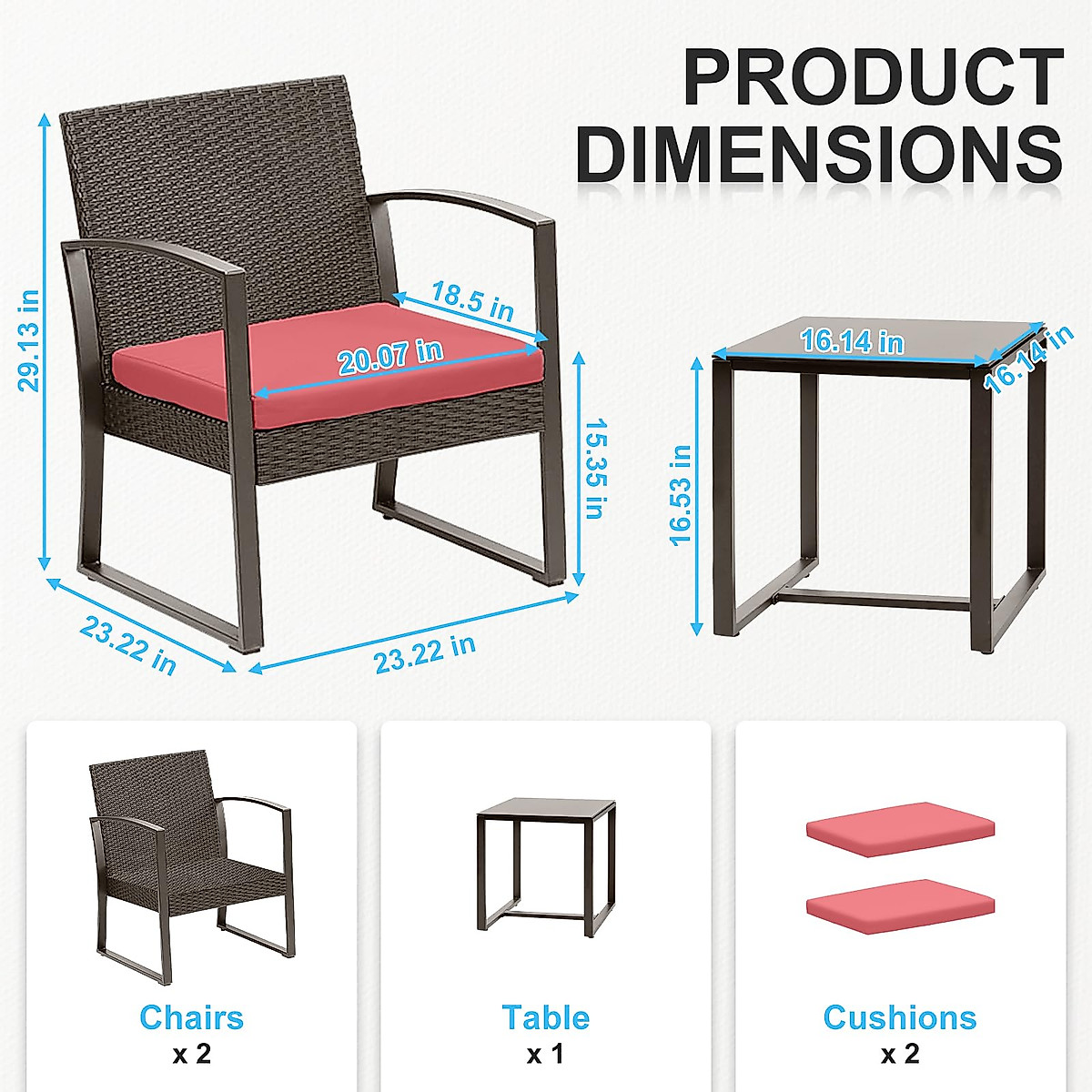 BPS 3 Pieces Patio Furniture Set, Outdoor Rattan Wicker Chairs with Table, 3 Pcs Sofa Set with Cushion, Conversation Furniture for Garden Poolside