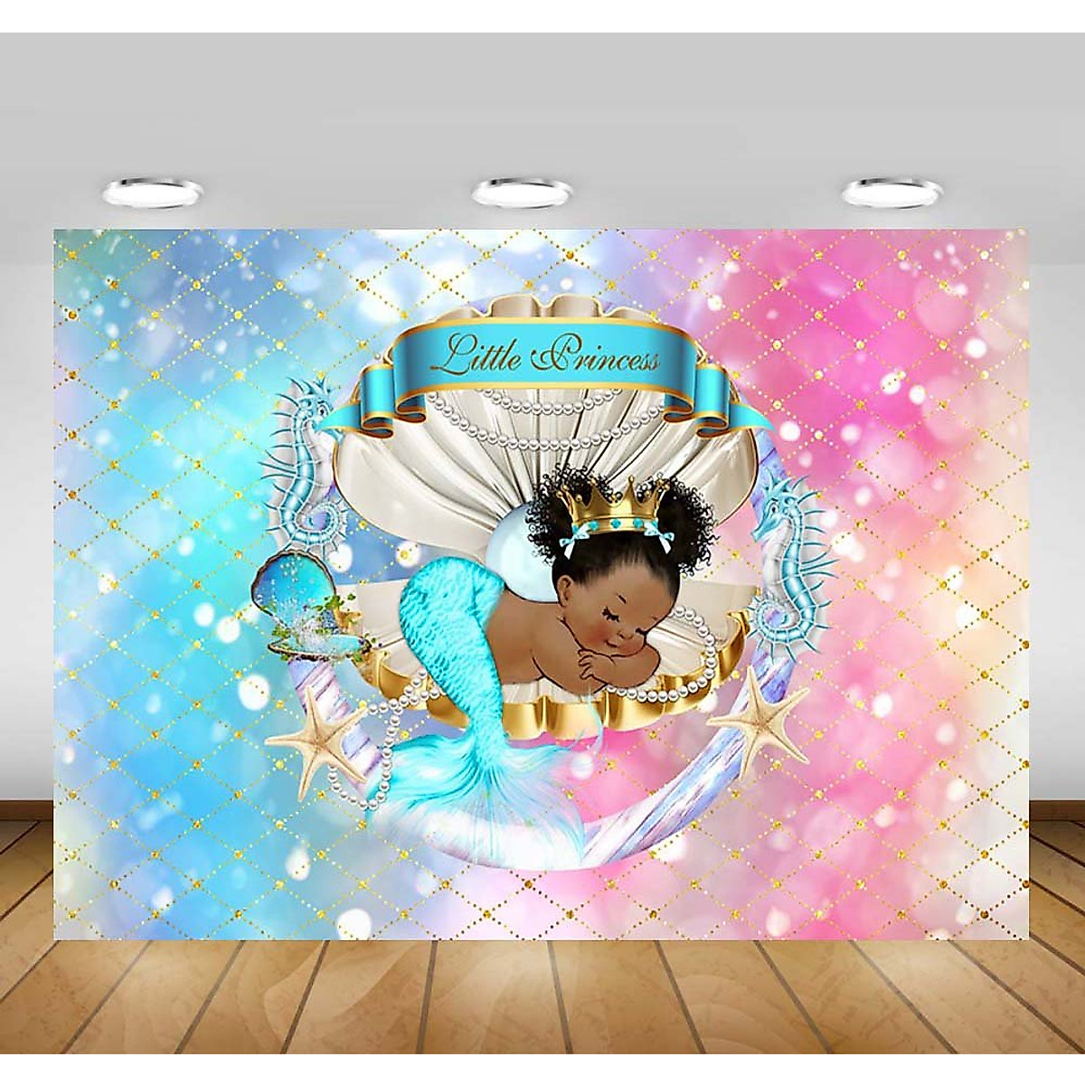 Mocsicka Royal Mermaid Princess Backdrop Under Sea Glitter Shell Crown Background 7x5ft Black Girl Backdrops Banner for Baby Shower, Birthday Party