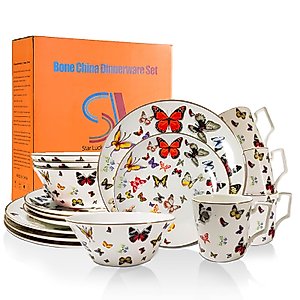 StarLuckINT 16-piece Bone China Dinnerware Set, Luxury Round Dish Sets with Golden Rim, Service for 4, Including Dinner Plates, Salad Plates, Bowls and Mugs, Translucent Lead Cadmium Free - Butterfly