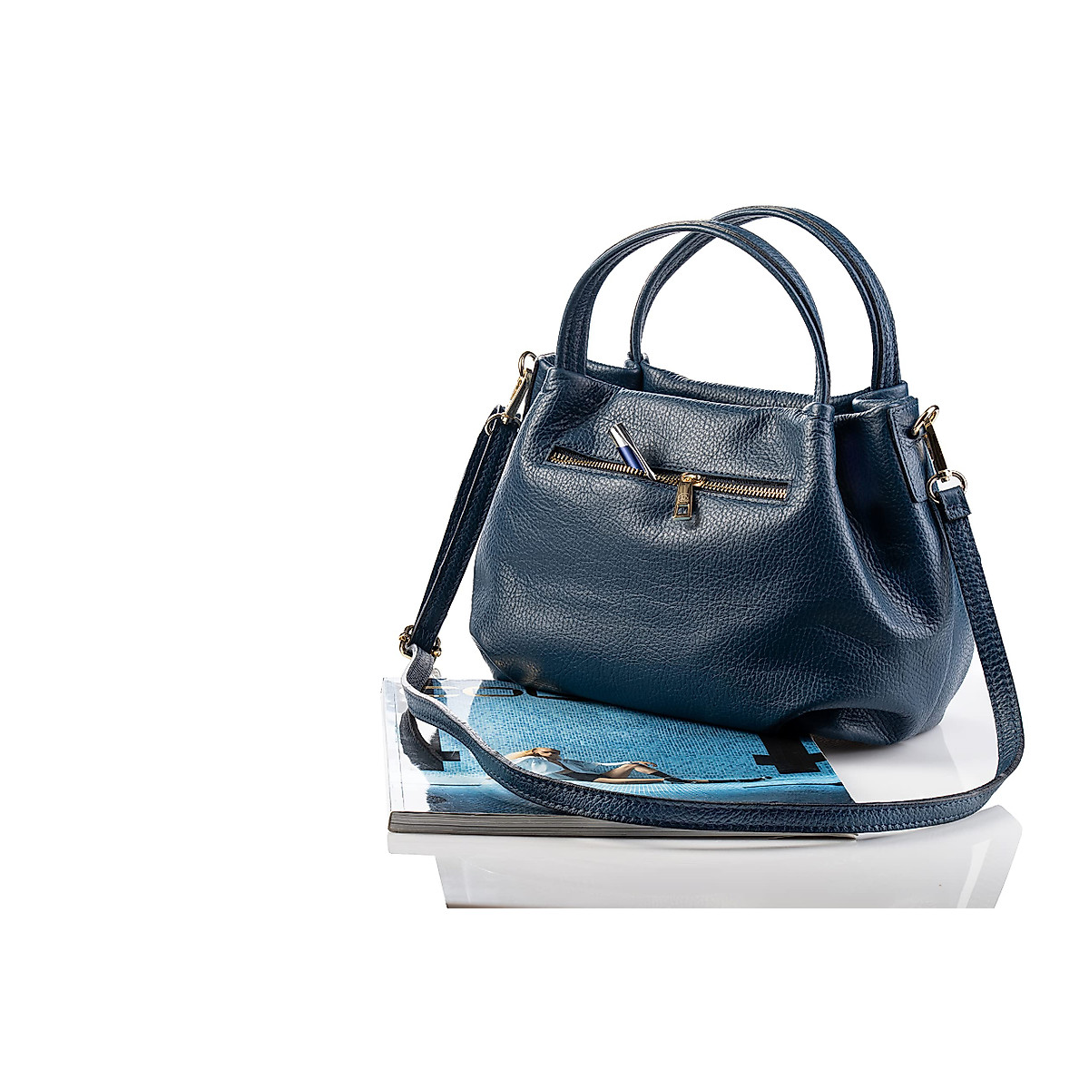 Baroncelli Italian Navy Blue Leather Purse for Women Genuine Soft Leather Medium Size Shoulder Crossbody Bag Made in Italy