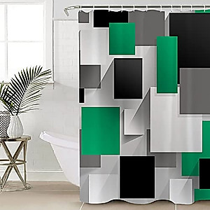 4 Pcs Shower Curtain Set with 12 Hooks Geometric 3D Abstract Green Black Gray Square Pattern Bathroom Sets with Non-Slip Bath Mat Toilet Lid Cover Waterproof Durable Shower Curtain and Rugs