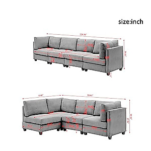 Eafurn Convertible Modular Sectional Sofa Set, Free Combinational Corner Couch, Corduroy Upholstered Deep Seat Comfy Sofa&Couches with Solid Wood Legs for Living Room Apartment, Gray 126.38"