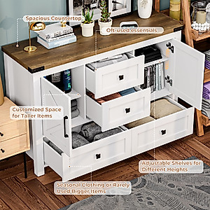 VVFLU Farmhouse White Dresser for Bedroom with 4 Drawers and 2 Barn Doors, White Wood Chest of Drawers 47 Inch Wide, Large, Long, Adjustable Shelves, 5 Legs, Living Dining Room, Entryway, Hallway