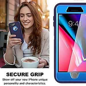 iPhone 8 Plus/7 Plus Case, AICase [Heavy Duty] [Full Body] Tough 4 in 1 Rugged Shockproof Cover with Built-in Screen Protector for Apple iPhone 8 Plus/7 Plus (Dark Blue/Light Blue+Belt Clip)