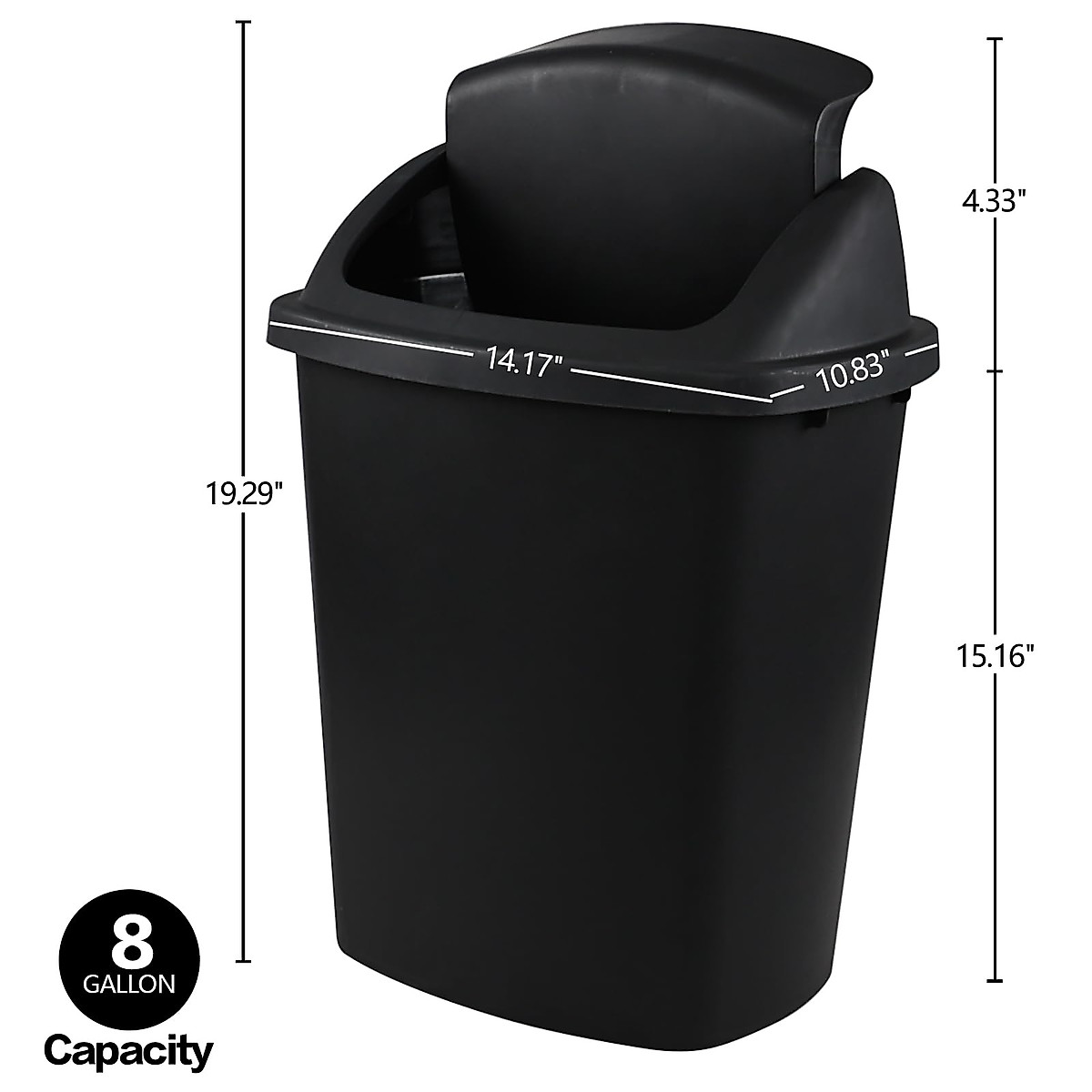 Zopnny 8 Gallon Plastic Swing Top Garag Bin, Lidded Wastebasket Trash Can for Kitchen or Workspace, Set of 4, Black