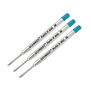 Schmidt P900 Parker Style Ballpoint Pen Refill, Medium Point, Pack of 3, Bulk Packed (Turquoise)