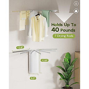 Vikaqi Wall Mounted Laundry Drying Rack, Foldable Wall Octopus Clothes Drying Rack Folding Indoor, Towel Drying Rack Collapsible, Space Saving Drying Rack Clothing with 7 Hanging Rods