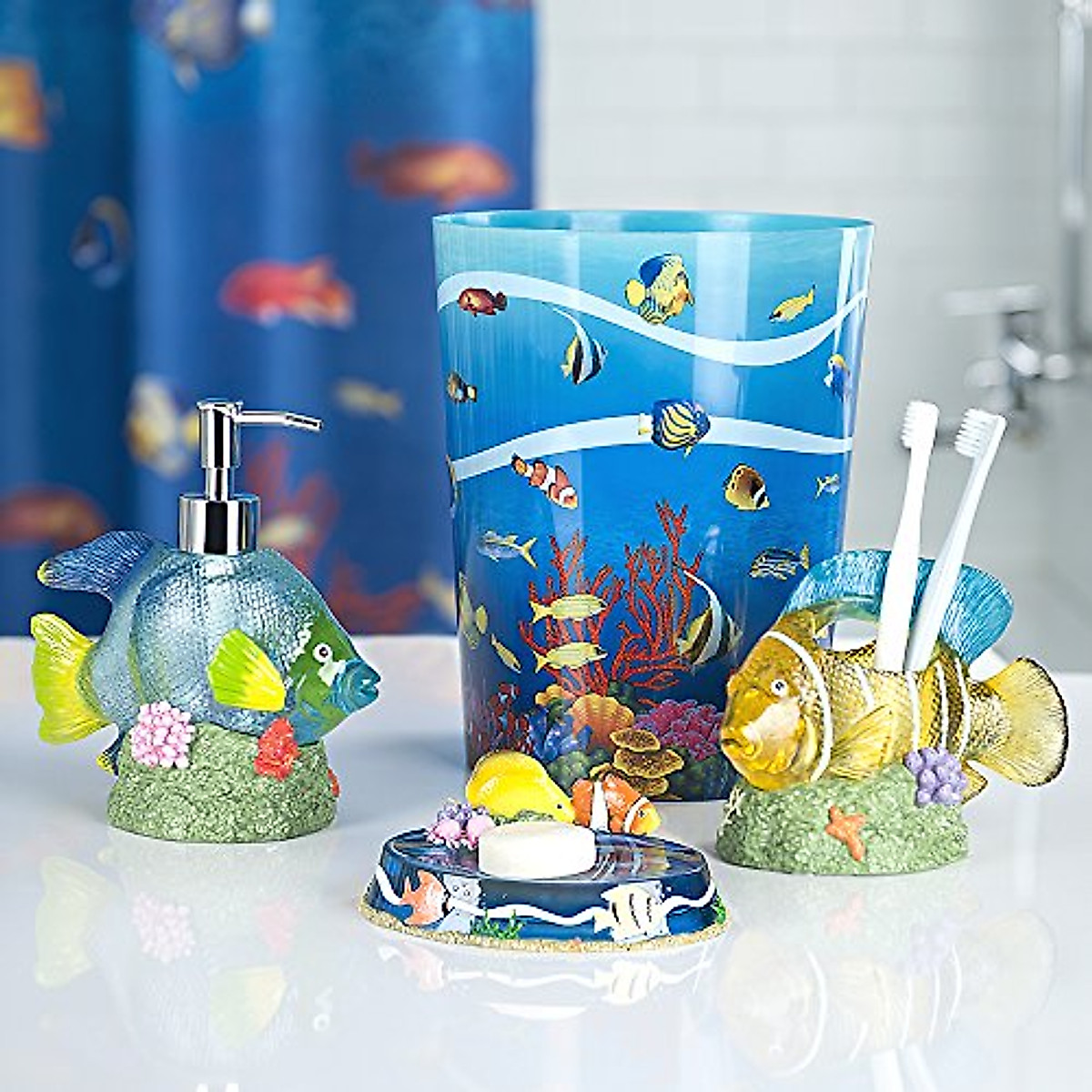 Allure Home Creation Under The Sea Fish 4-Piece Bathroom Accessory Set-Resin Lotion Dispenser, Toothbrush Holder, Soap Dish and Plastic Wastebasket