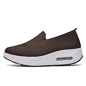 peculoon Women's Summer Platrform Walking Shoes Casual Slip On Sneakers Air Cushion Wedge Loafers Light Weight Nursing Shoes (Coffee, Numeric_4_Point_5)