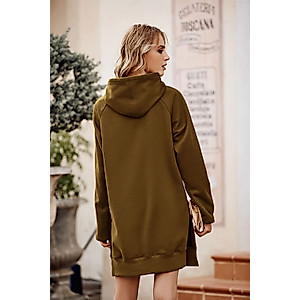 PRETTYGARDEN Women's Casual Pullover Sweatshirt Long Sleeve Split Hem Hoodie Dress with Kangaroo Pocket (Dark Khaki,X-Large)