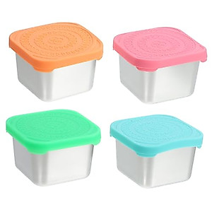 PRETYZOOM Set of 4 Small Sauce Cups Metal Condiment Containers with Lids Reusable Salad Dressing Cup for Lunch Leakproof Food Storage Containers