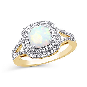 Jewelili Yellow Gold Over Sterling Silver 7x7 MM Cushion Cut Created Opal and Created White Round Sapphire Double Halo Ring, Size 7