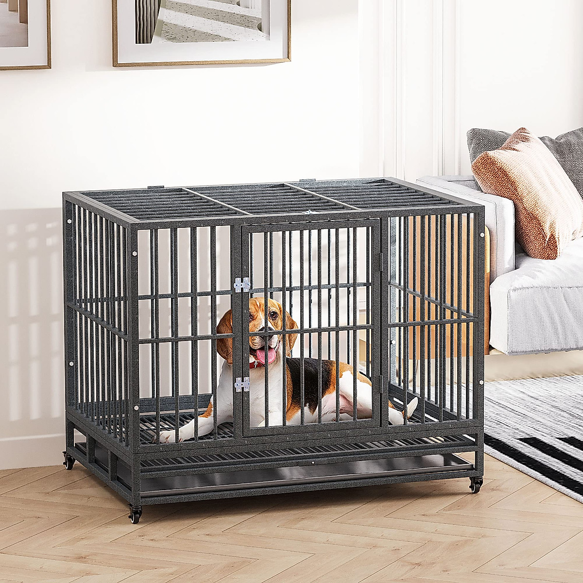 PawHut 43" Heavy Duty Dog Crate Metal Cage Kennel with Lockable Wheels, Double Door and Removable Tray, Gray