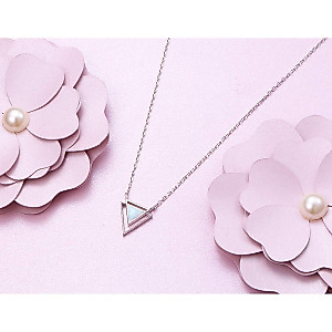 FLYOW Mother's Day Gifts Real 925 Sterling Silver Geometric Necklaces Double Power Triangle Simulated Opal Necklace Adjustable Silver Chain 15+3 Inches (Dainty Triangle)