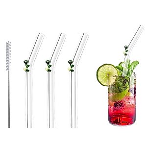 3pcs Reusable Glass Straws Green Turtle on Clear Bent Straw 8 in x 9 mm With Cleaning Brush, Perfect for Smoothies, Cocktails