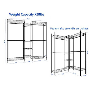 Serxis Heavy Duty Clothes Rack for Hanging Clothes, Metal Garment Rack，Large Capacity Portable Clothing Rack，Freestanding Open Wardrobe Organizer Rack, 67.0"L x 13.8"W x 75.6"H Max Load 720LBS, Black