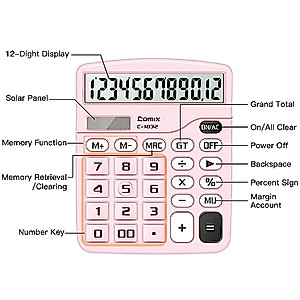 Comix Desktop Calculator 12 Digit with Large LCD Display and Big Button, 12 Digits Baisc Calculator, Solar Battery Dual Powered, for Office Home School C-1832(Pink)