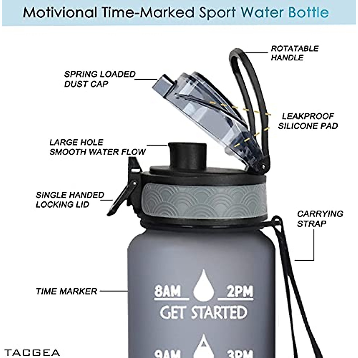 TACGEA Water Bottle 32oz, Motivational Sports Water Bottle with Time Marker to Drink, BPA Free and Leakproof, for Outdoor Fitness Sports and Office, Grey