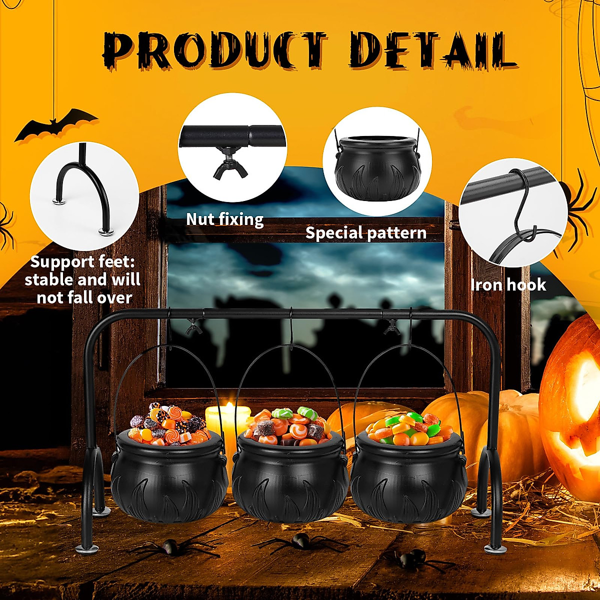 Rdogeia Halloween Decorations Indoor,Halloween Decor- Set of 3 Halloween Witches Cauldron Candy Serving Bowls on Rack,Black Plastic Cauldron with Skeletons for Indoor Outdoor Home Kitchen Decoration