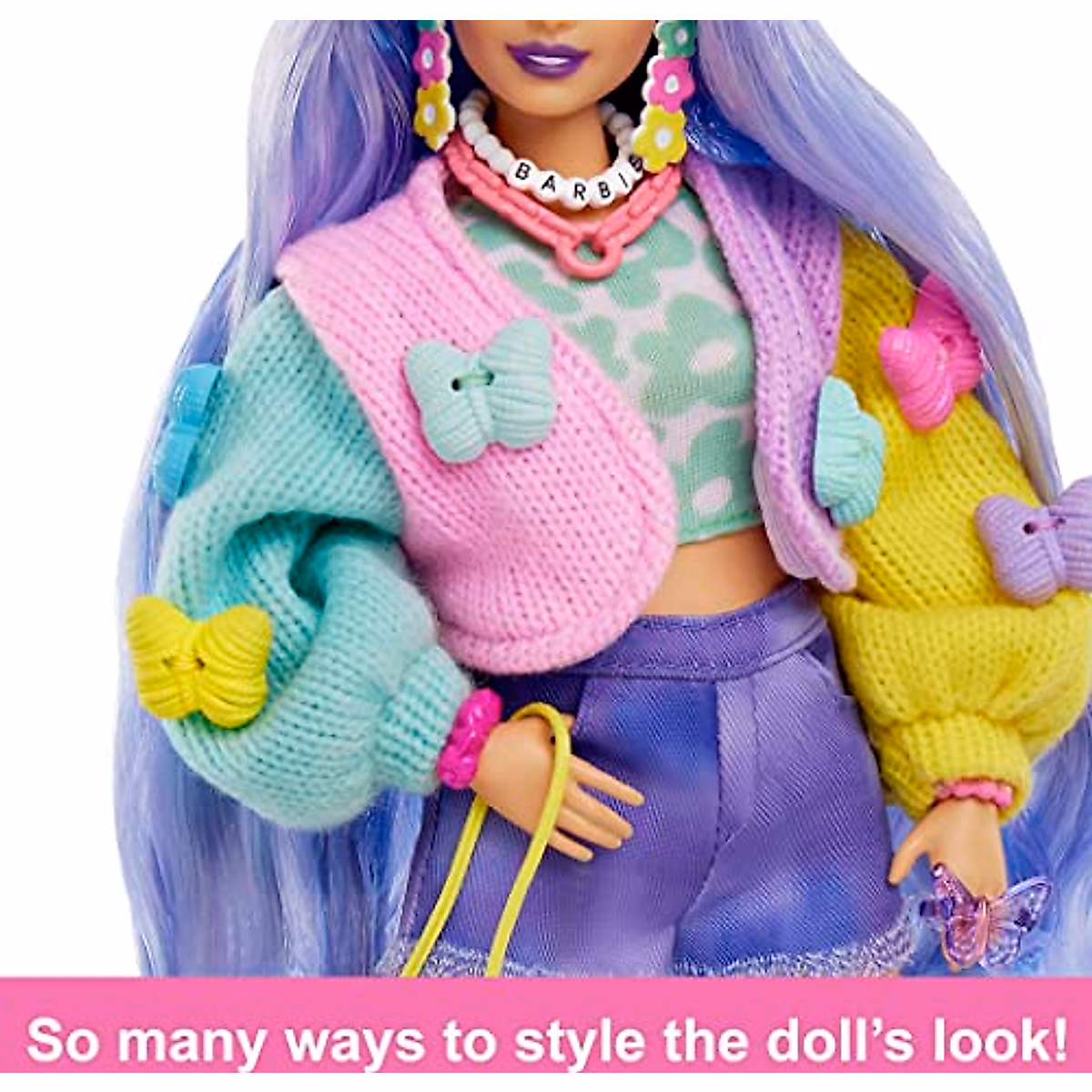 Barbie Extra Doll & Accessories with Wavy Lavender Hair in Colorful Butterfly Sweater & Pink Boots with Pet Koala