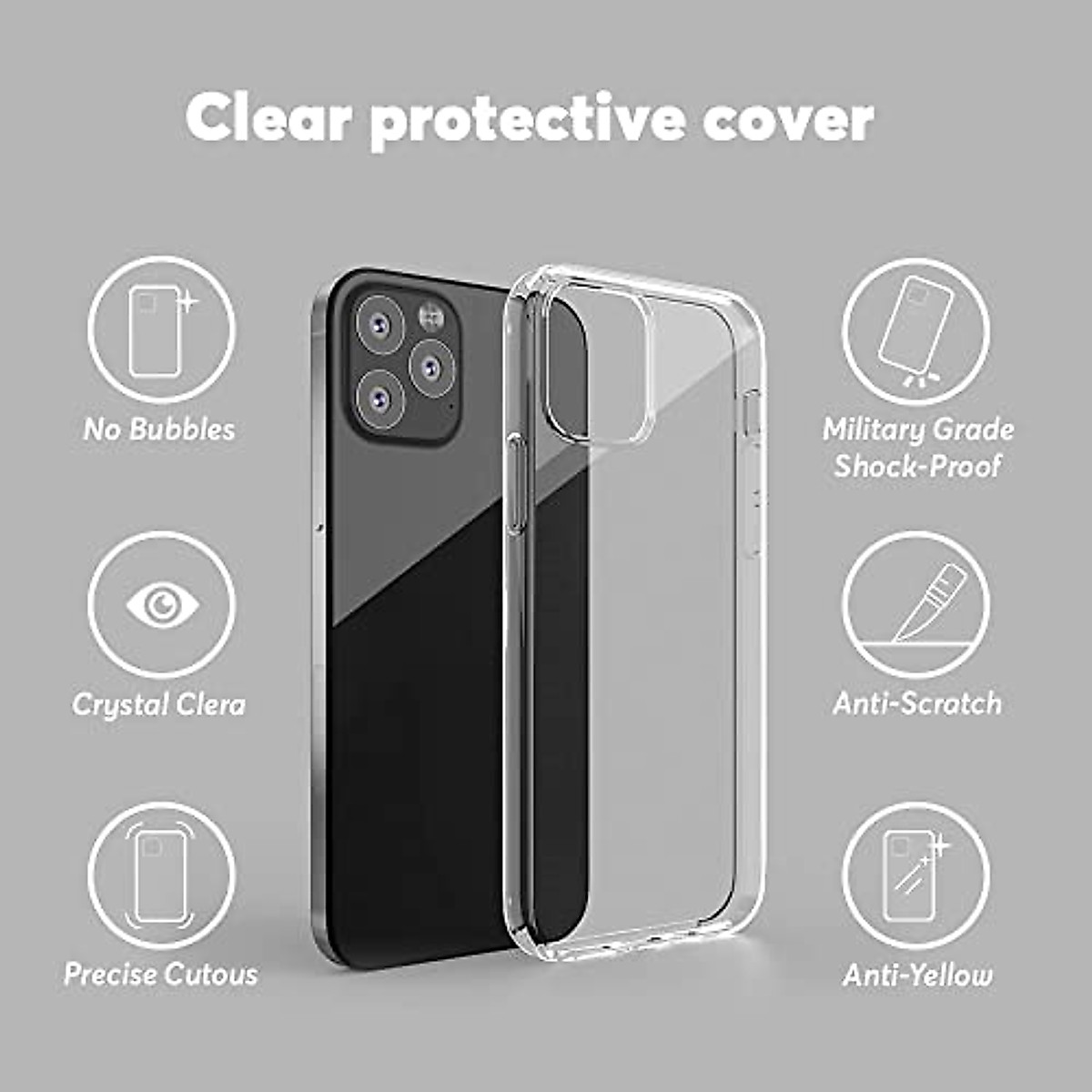 Phone case for iPhone 13 Pro Max 6.7 inches, Non-Yellowing, Crystal Clear, Transparent, Scratch Resistant, Compatible with Wireless Charging, Shock Resistant