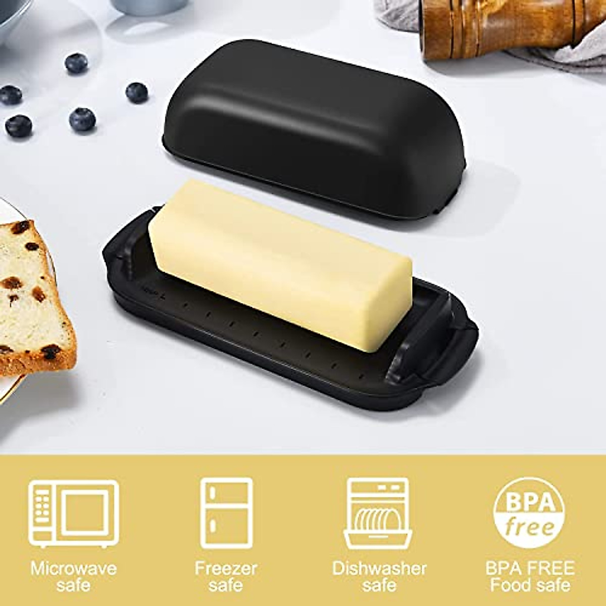 Butter Dish with Lid, Butter Container Holds for Countertop, Unbreakable Butter Keeper for Home Kitchen Decor, Perfect for East/West Coast Butter, BPA-free, Microwave/Dishwasher Safe (Black)