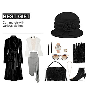 Sumolux Women Beret Hat French Vintage Floral Wool Dress Cloche Classic Winter Hat 1920s B Black